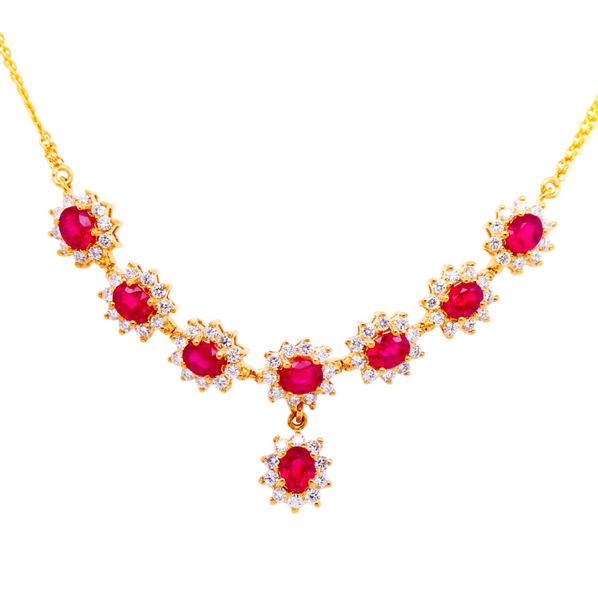 18ct Yellow Gold Ruby Cluster Pendant Necklace - totalling 0.88cts